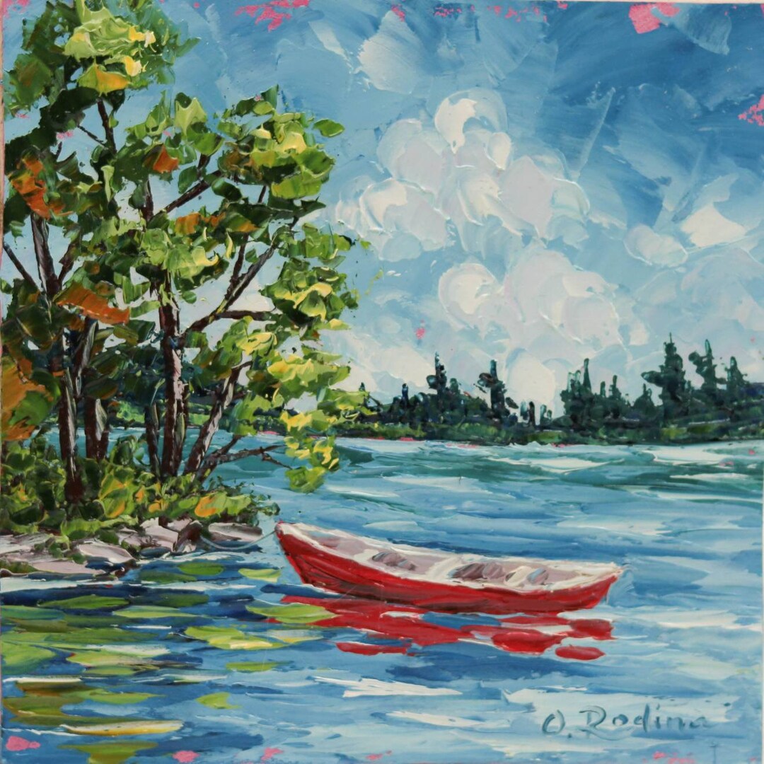 Red Canoe Oil Painting Original Lake Forest Trees Landscape - Etsy