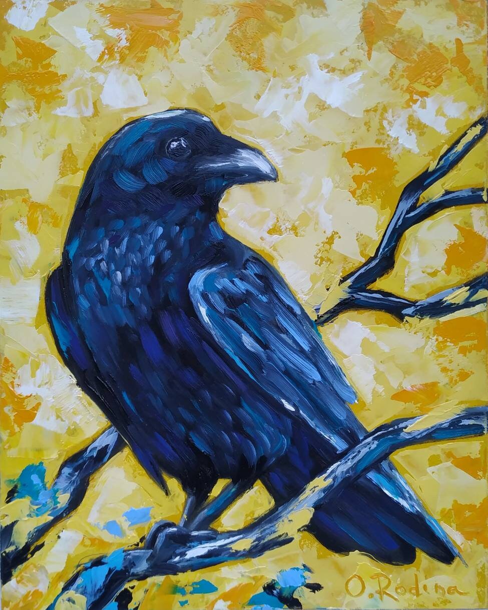 Сrow artwork Raven painting oil original on panel 8x10 | Etsy