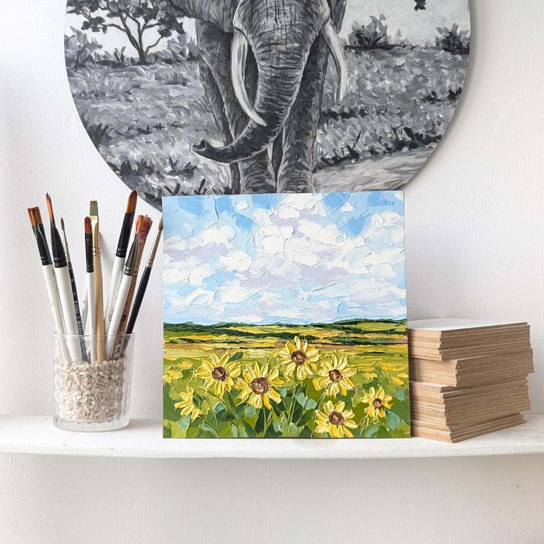 Sunflower Oil Painting 8x8" Summer Landscape Art Cloud Wall Art ...