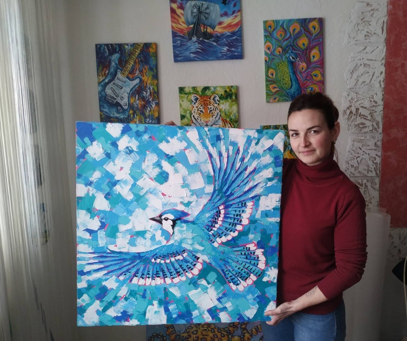Abstract Flying Blue Jay Painting Palette Knife Blue Jay | Etsy