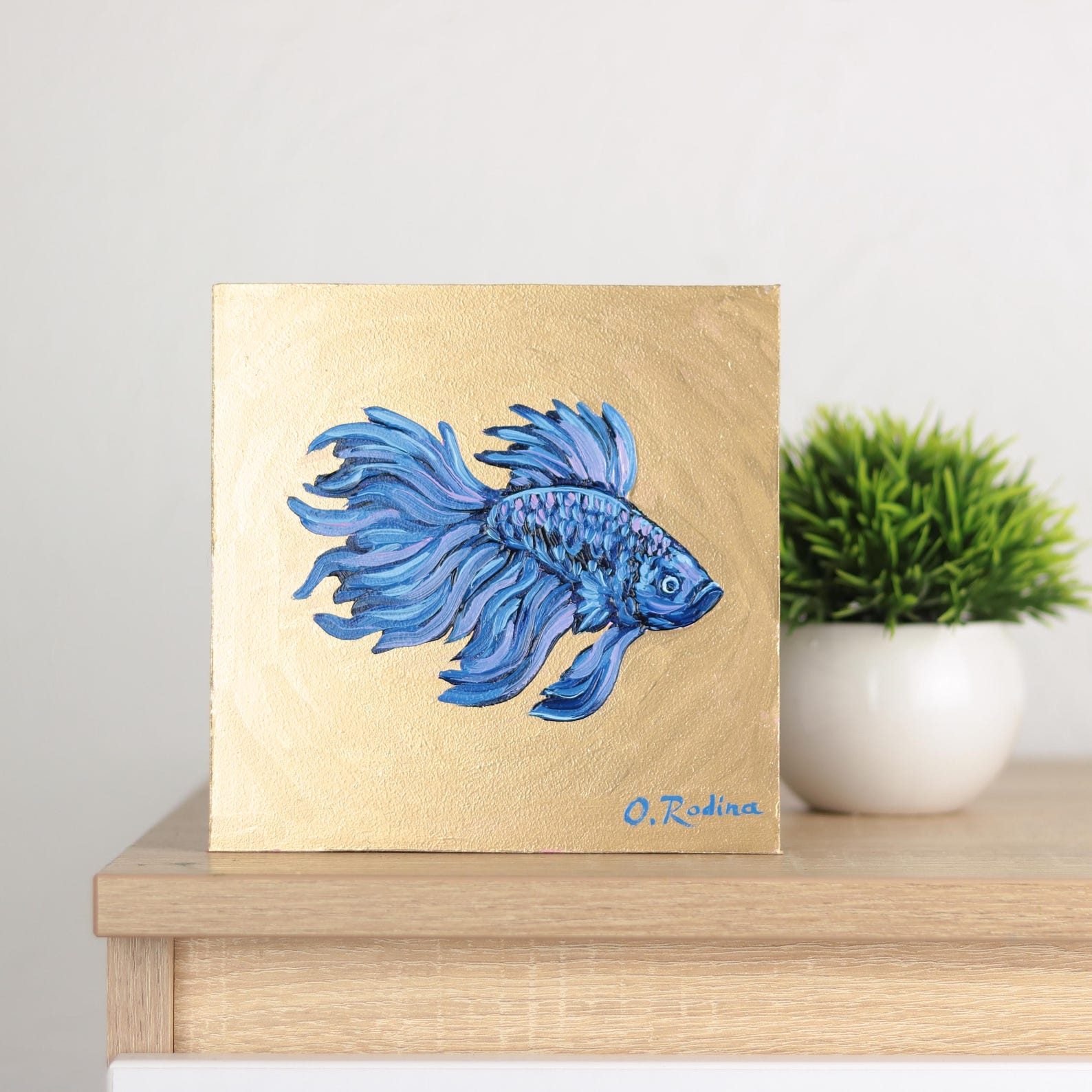 Original Oil Painting of Blue Betta Fish – Gold Background Modern Small ...