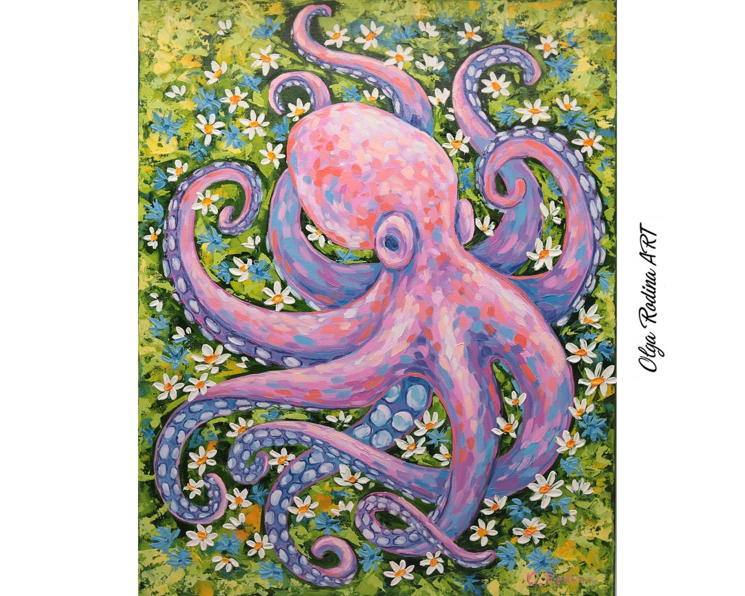 Octopus Art Original Canvas Wall Art, Octopus Oil Painting Octopus in ...