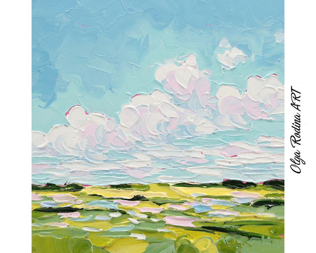 Small Landscape Oil Painting Original Green Meadow and Blue Sky Over ...