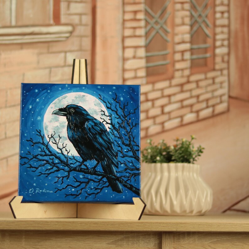 Raven and Moon Art Original Oil Painting on Canvas Crow Wall Art - Etsy