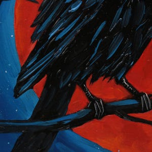 Raven Art Original Crow Oil Painting Night Red Moon Raven Artwork 8x8 ...