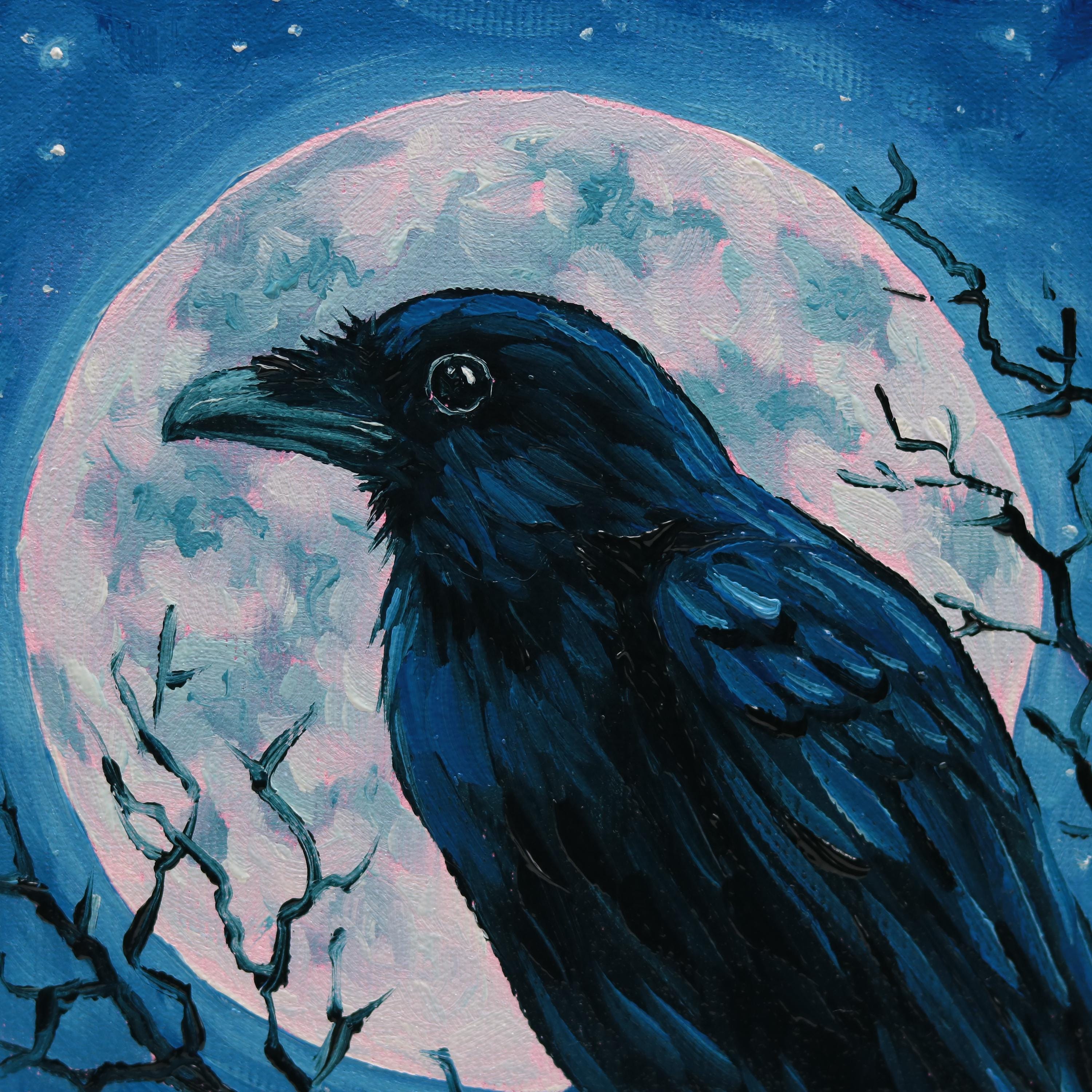 Raven and Moon Art Original Oil Painting on Canvas Crow Wall Art - Etsy