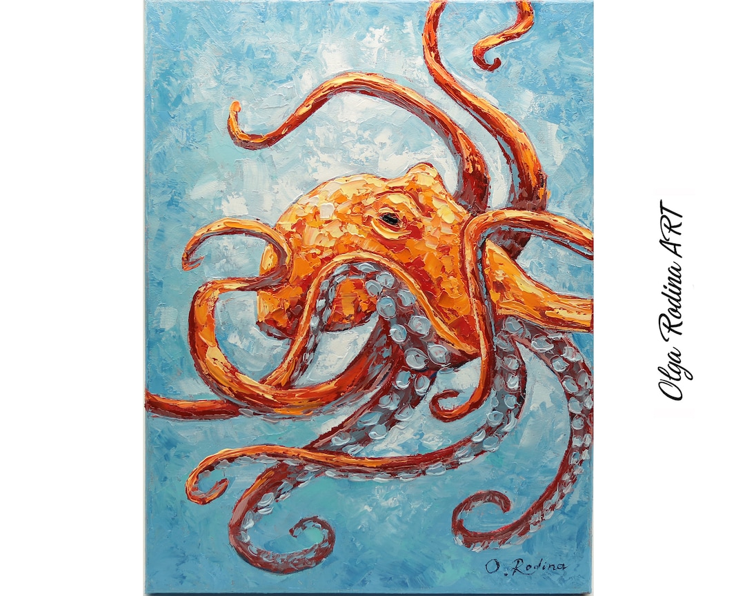 Octopus Oil Painting Original on Canvas Vertical Octopus Art Work ...