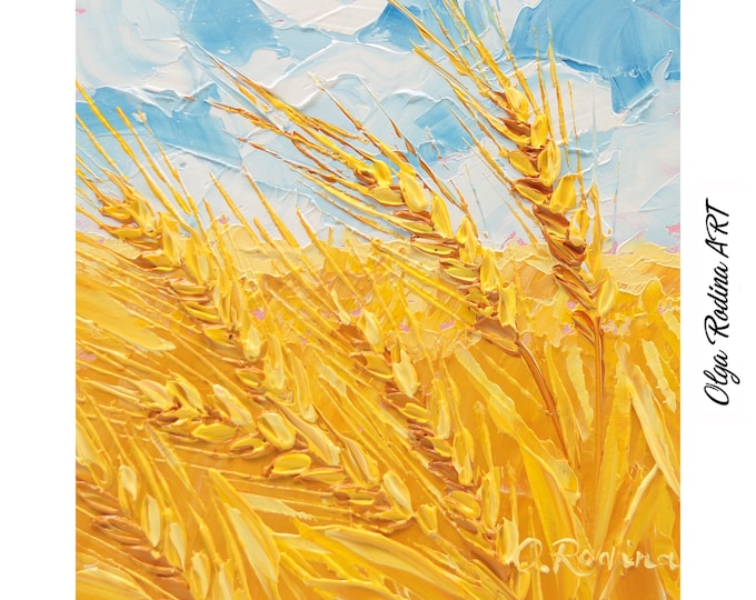 Wheat Oil Painting Original Ukraine Art Wheat Field and Blue Sky ...