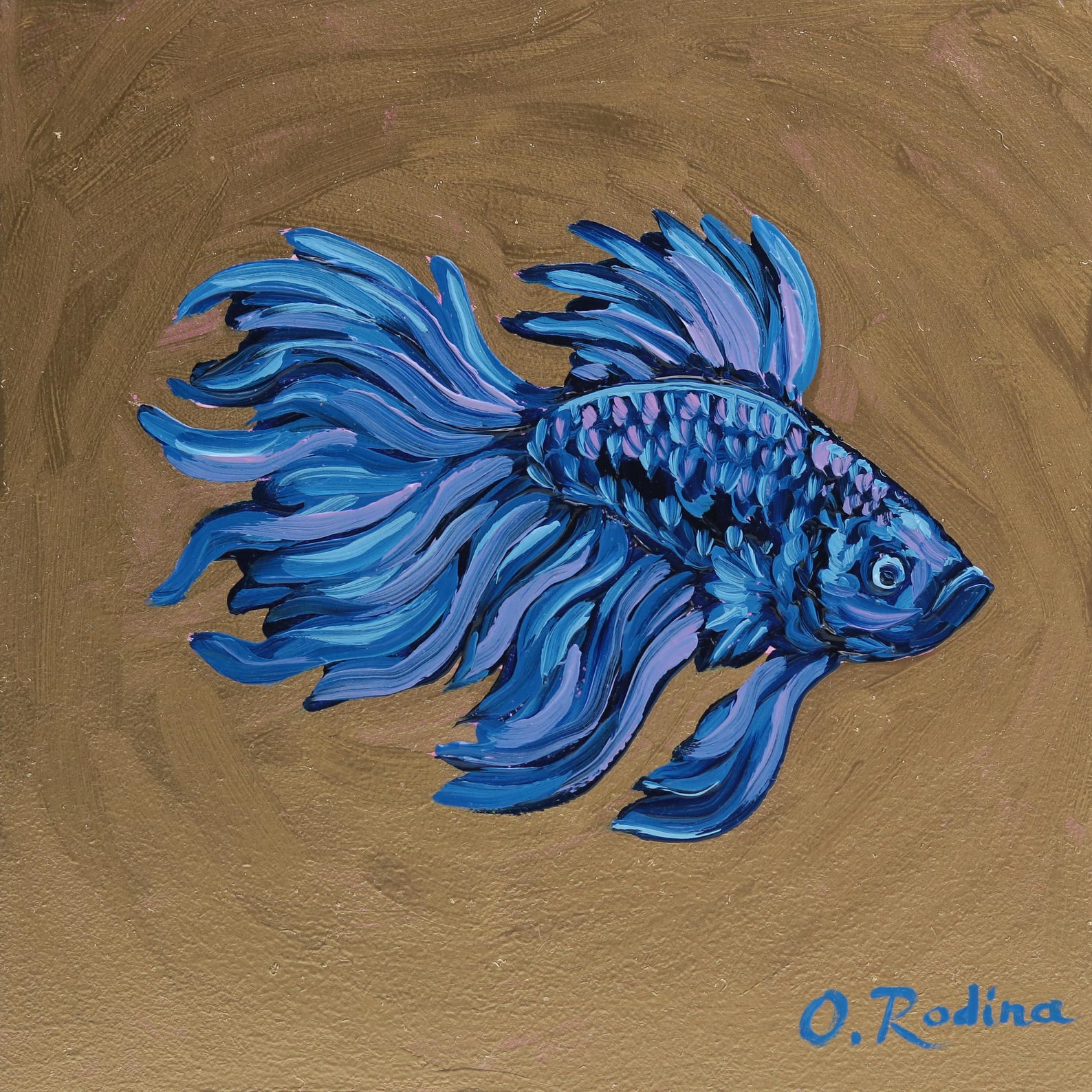Original Oil Painting of Blue Betta Fish – Gold Background Modern Small ...