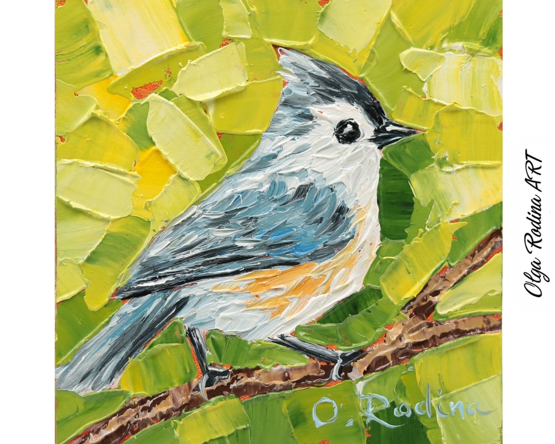 Tufted Titmouse Oil Painting Original Bird on Blossom Branch - Etsy