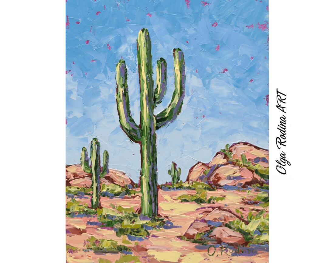 Desert Oil Painting Original Saguaro Cactus Wall Art Southwest ...