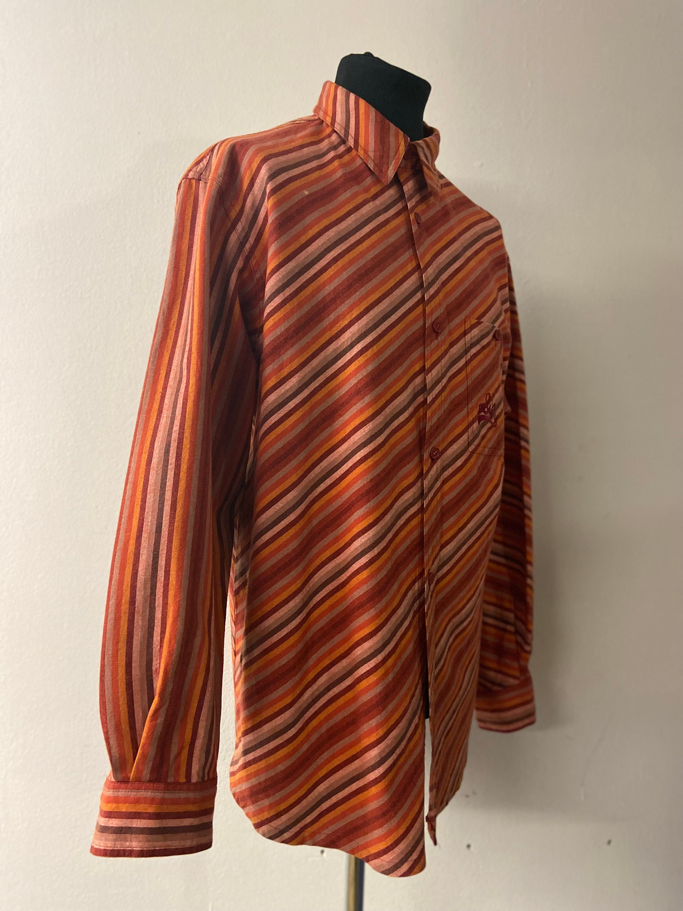 One-of-a-kind Mens Vintage Urban Shirt | Long-sleeved Orange Striped ...