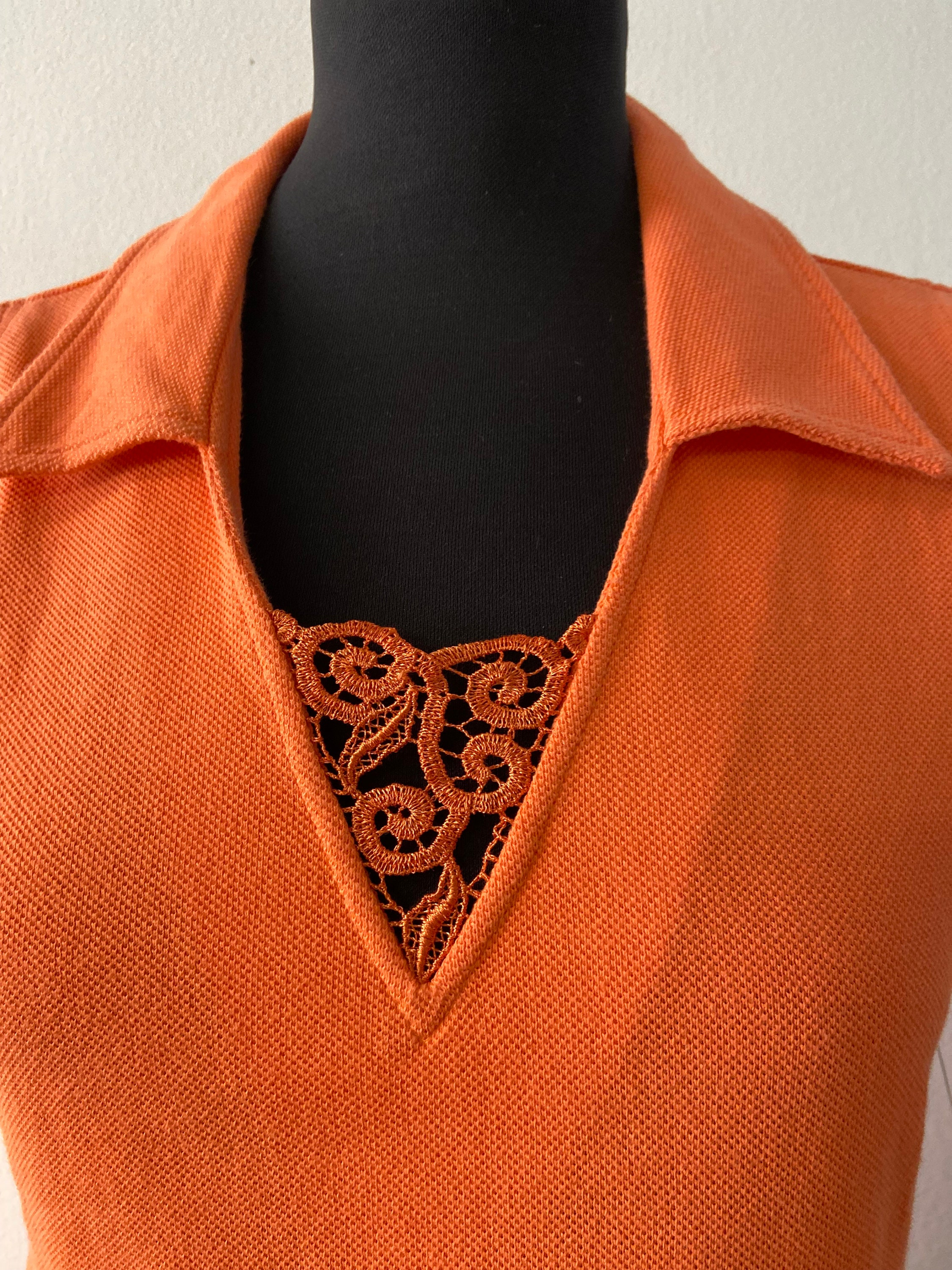 Orange Vintage Golf Shirt for Women | Cotton Top With Collar and Lace ...
