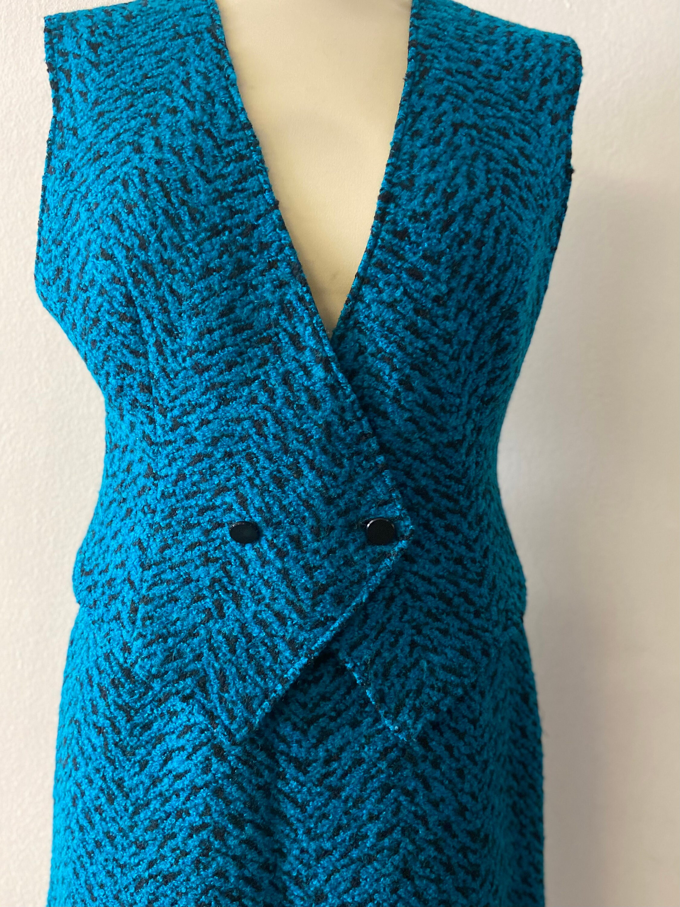 Women's Vintage 1970's Matching Vest and Skirt Blue Boucle Wool Set ...
