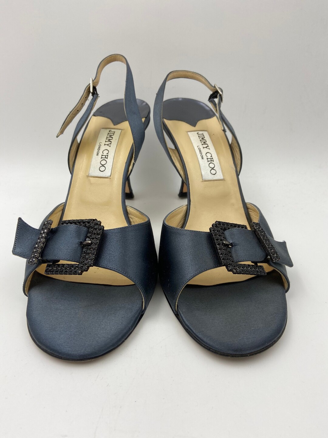 Jimmy Choo 90s Vintage Grey Satin Heeled Sandals With Rhinestone Buckle ...