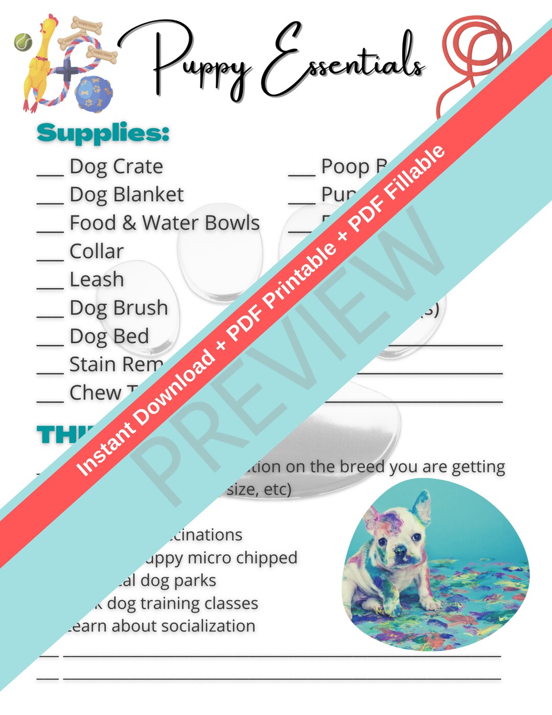 Puppy Essentials Checklist Downloadable, Printable and PDF Fillable - Etsy