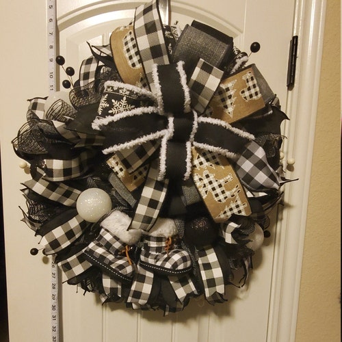 Fabric Wreath Buffalo Check Black And White Rag Etsy