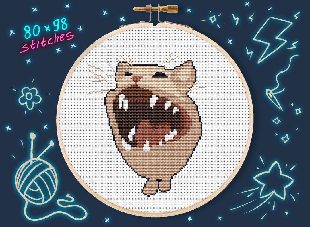 Meme Fun Cat Yawns Cross-stitch Pattern. Meme Design for Hand Made Gift ...