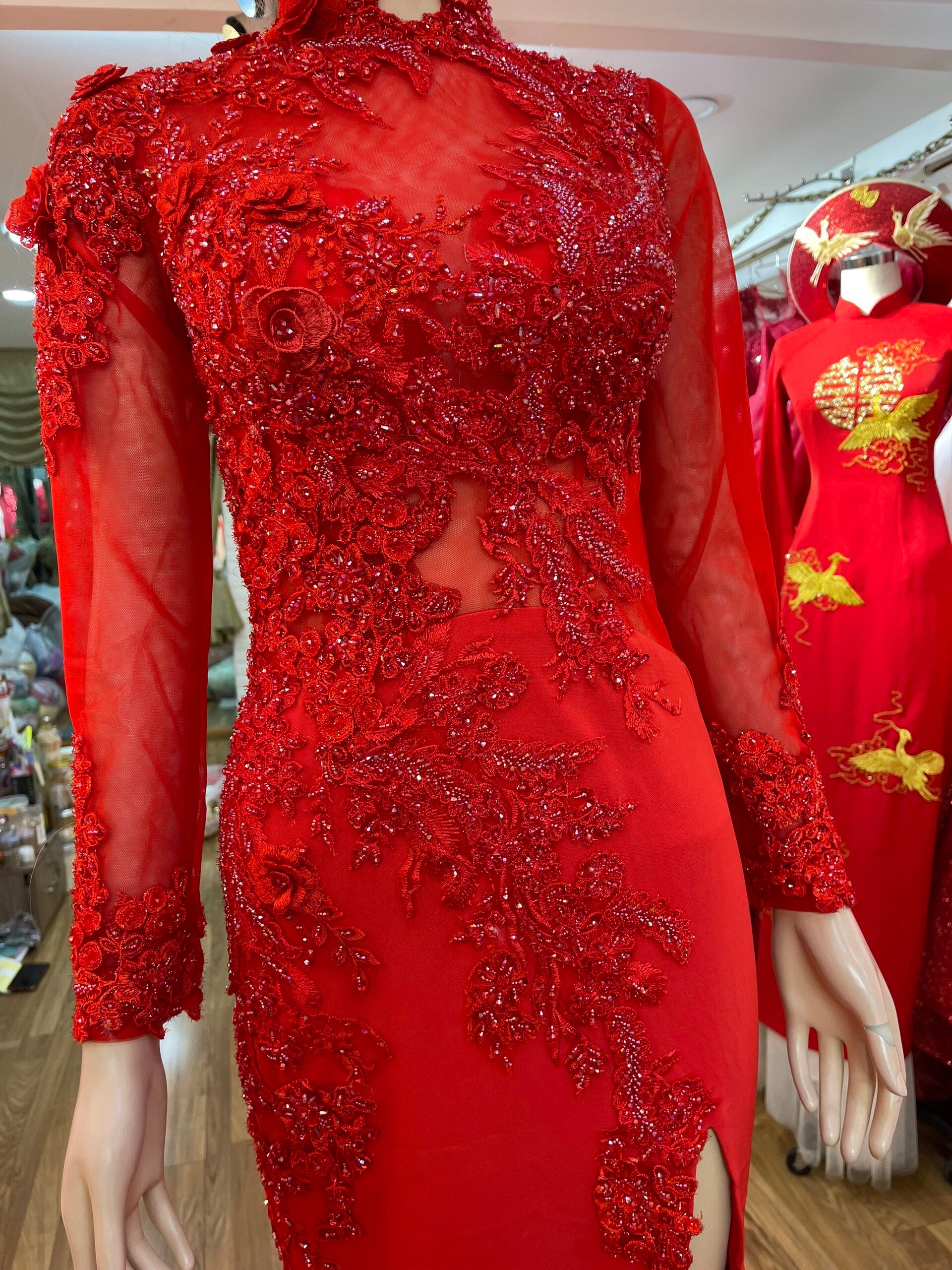 Inspired Red Vietnamese Ao Dai Cheongsam Made to Order | Etsy Canada