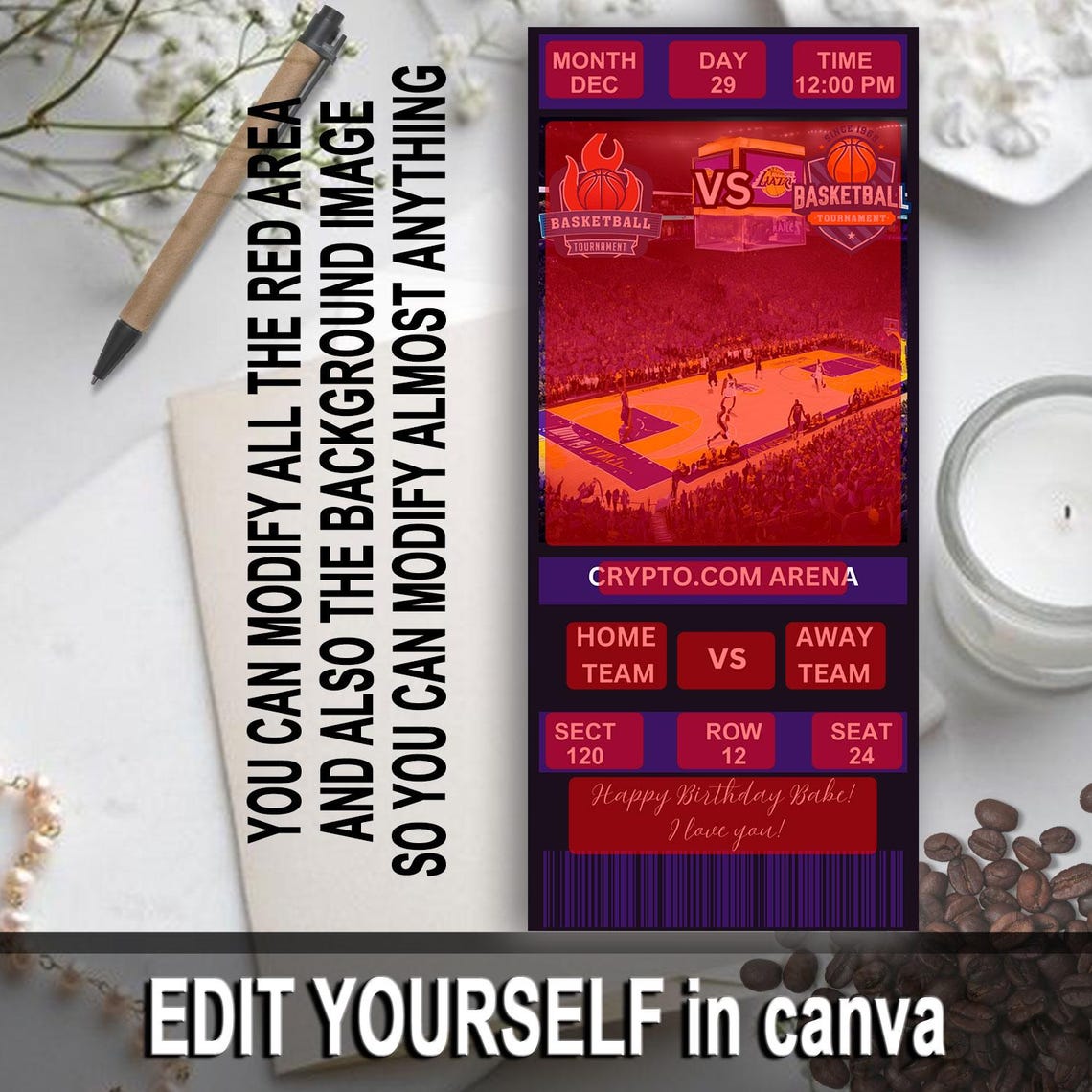 Printable Sports Ticket, Editable Canva Basketball Ticket (digital ...