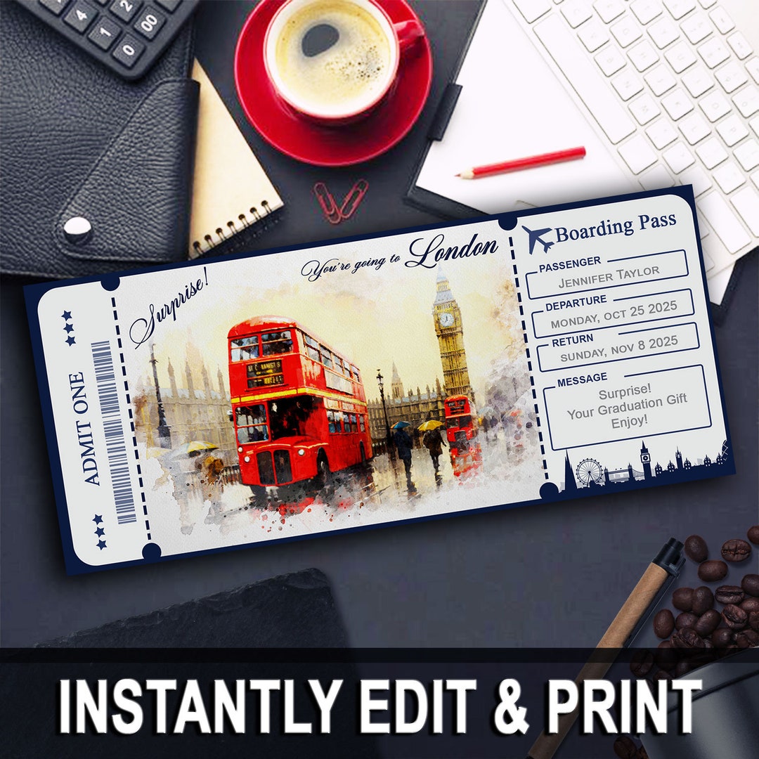Printable LONDON Surprise Trip Gift Ticket. Boarding Pass. Printable ...