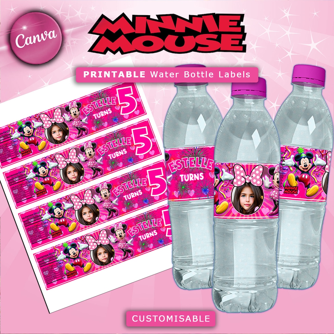 Pink Minnie Mouse Water Bottle Labels: Birthday Party Favors (canva ...