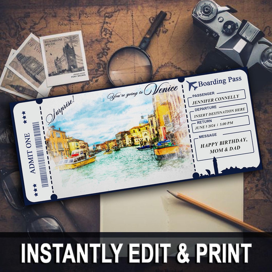 Venice Italy Surprise Gift Ticket, Printable Boarding Pass Souvenir ...