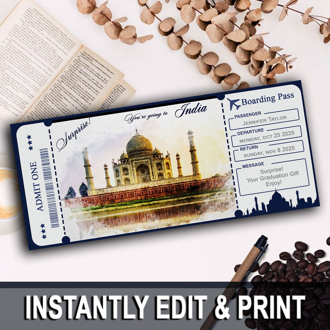 Printable Boarding Pass Ticket India Asia, Surprise India Trip Ticket ...