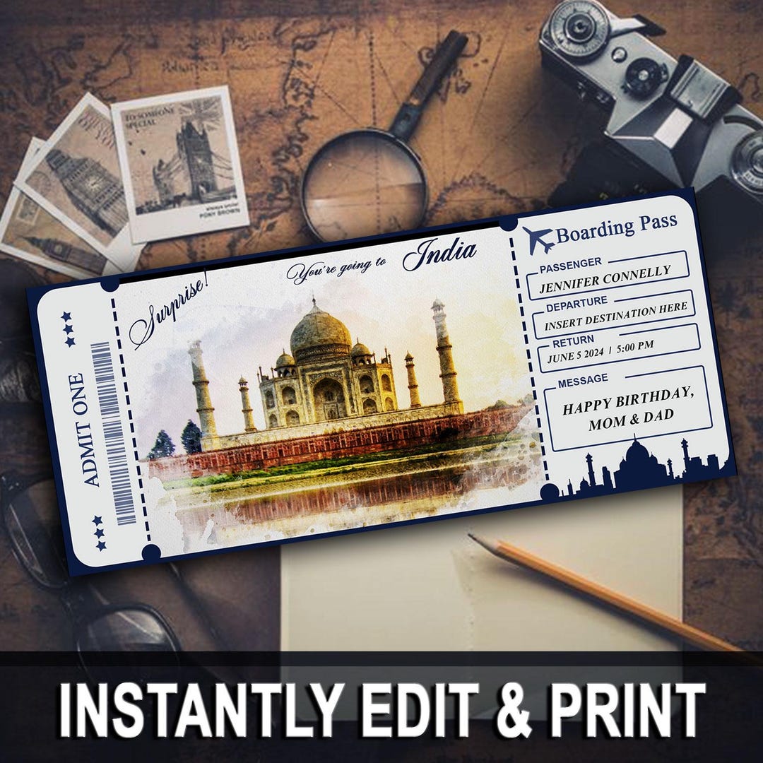 Printable Boarding Pass Ticket India Asia, Surprise India Trip Ticket ...