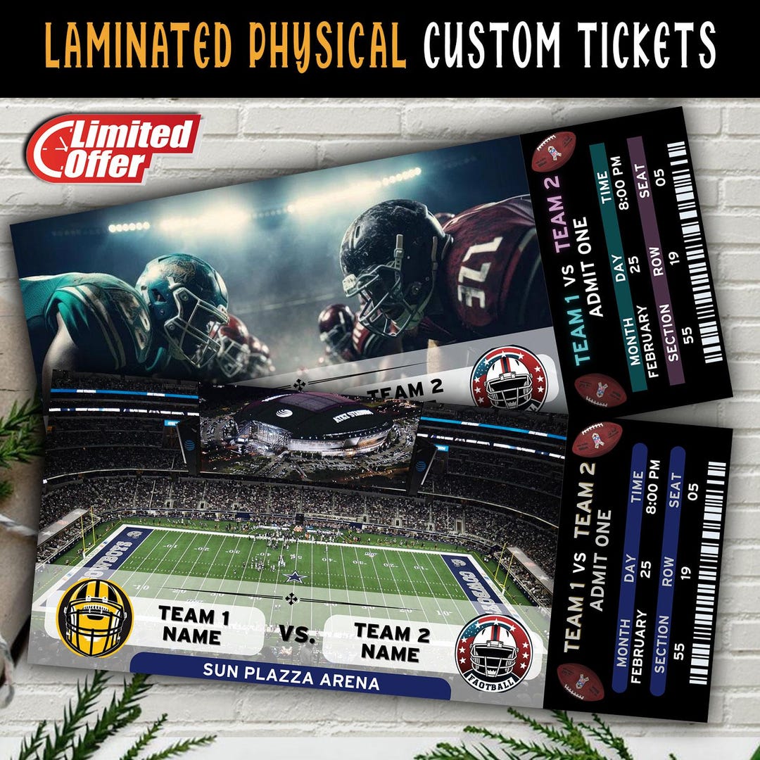 Physical Laminated Custom Football Game Ticket, Personalized Football ...