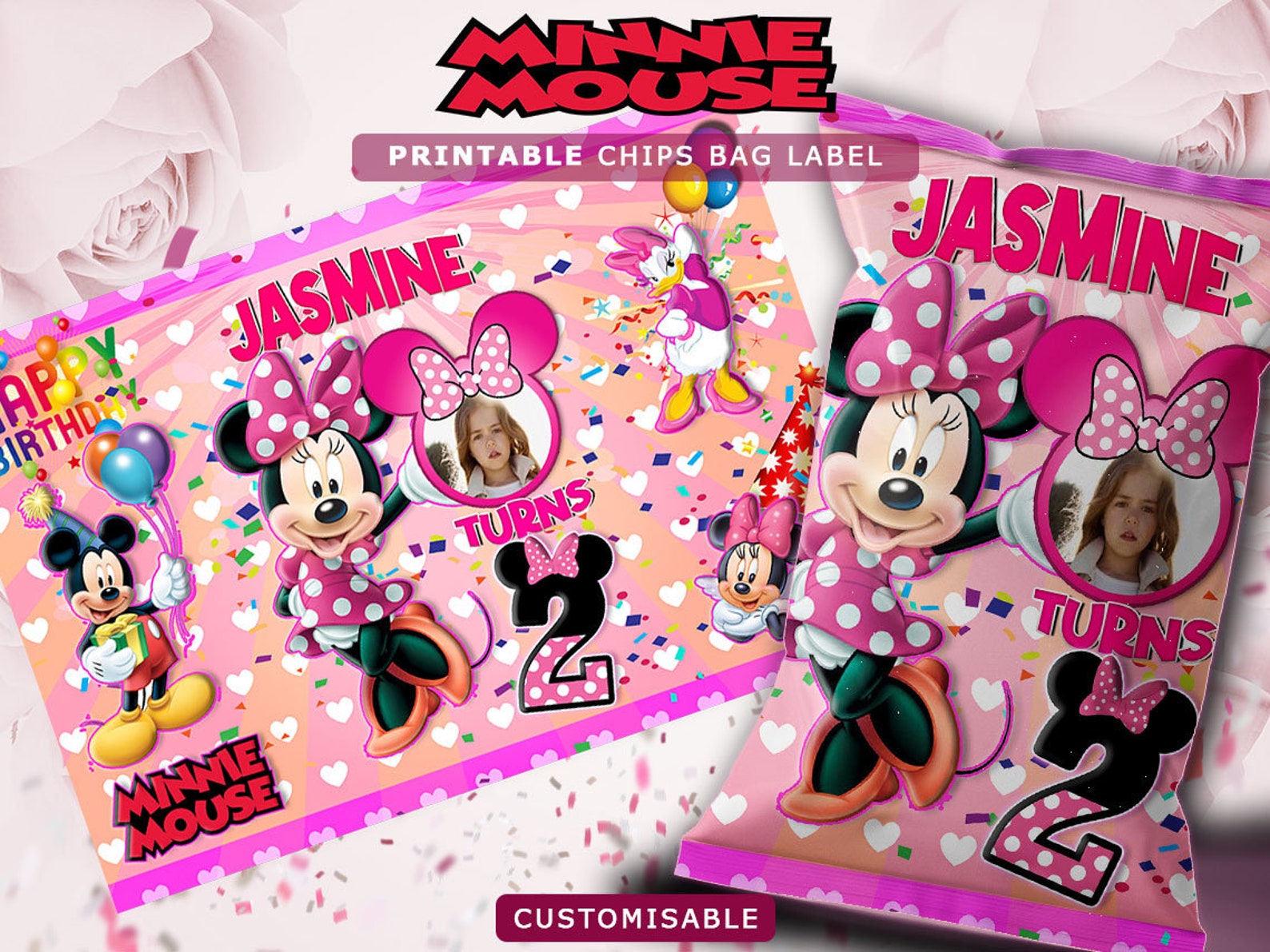 Minnie Mouse Birthday Chip Bag Labels: Pink Party Favors (digital ...