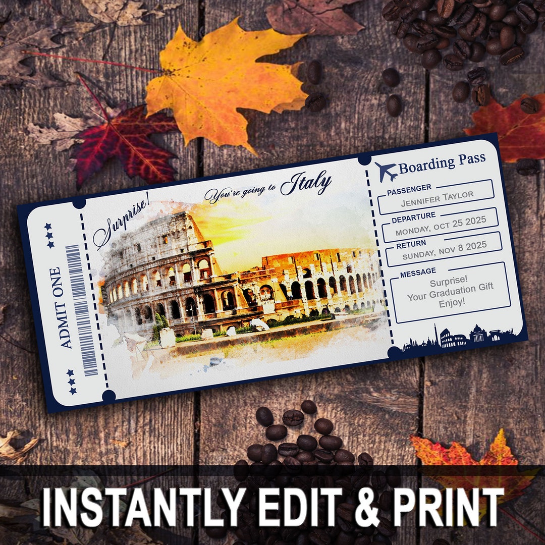Printable Boarding Pass Ticket Rome Italy Europe, Surprise Rome Trip ...