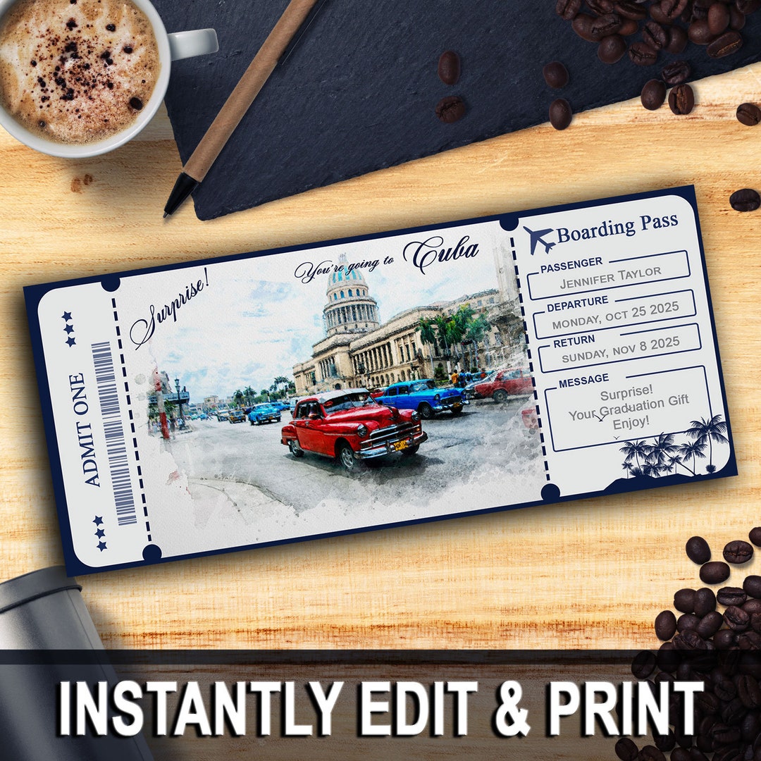 Printable Boarding Pass Ticket Havana Cuba, Surprise Havana Trip Ticket ...