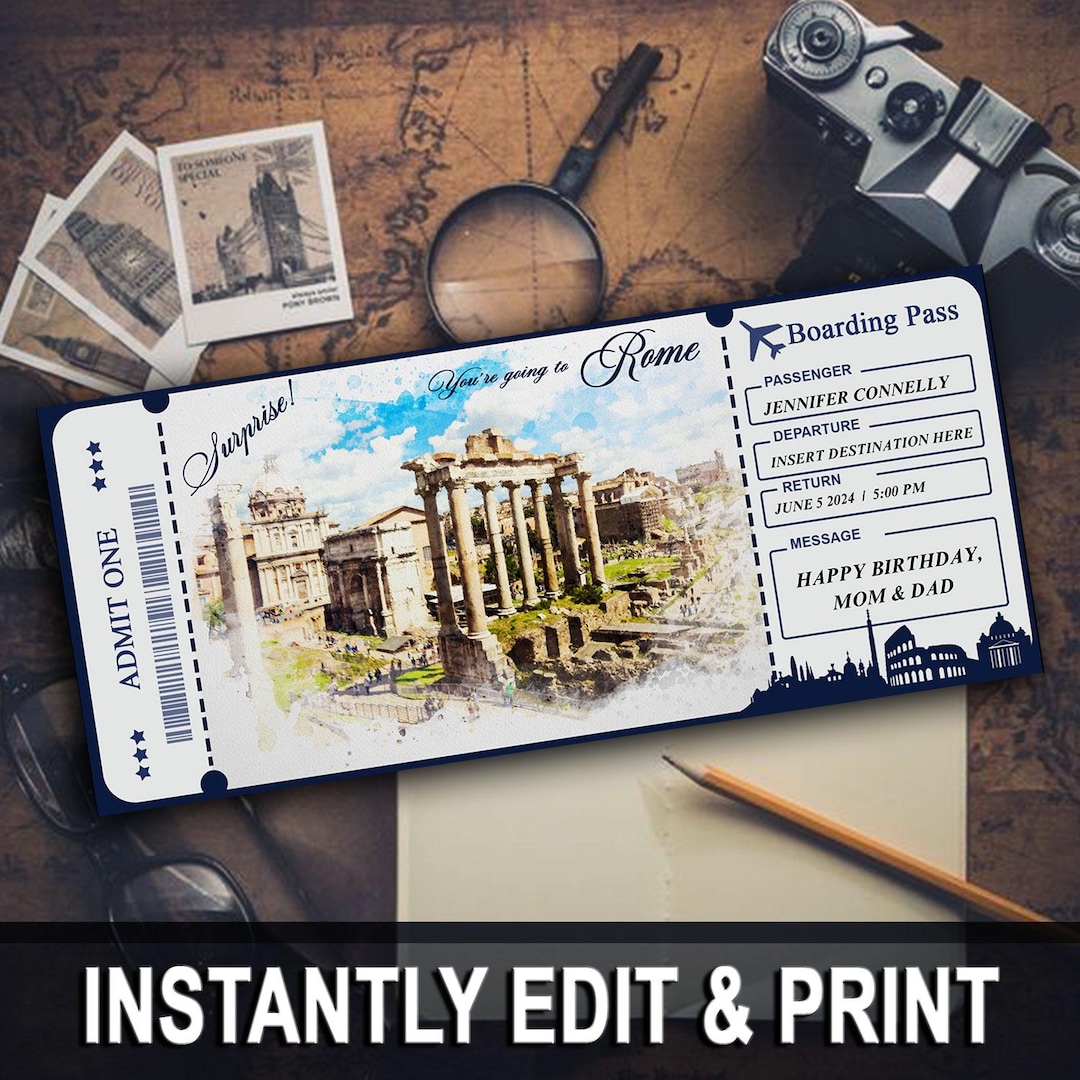 Rome Surprise Trip Reveal Tickets, Printable Surprise Rome Ticket ...