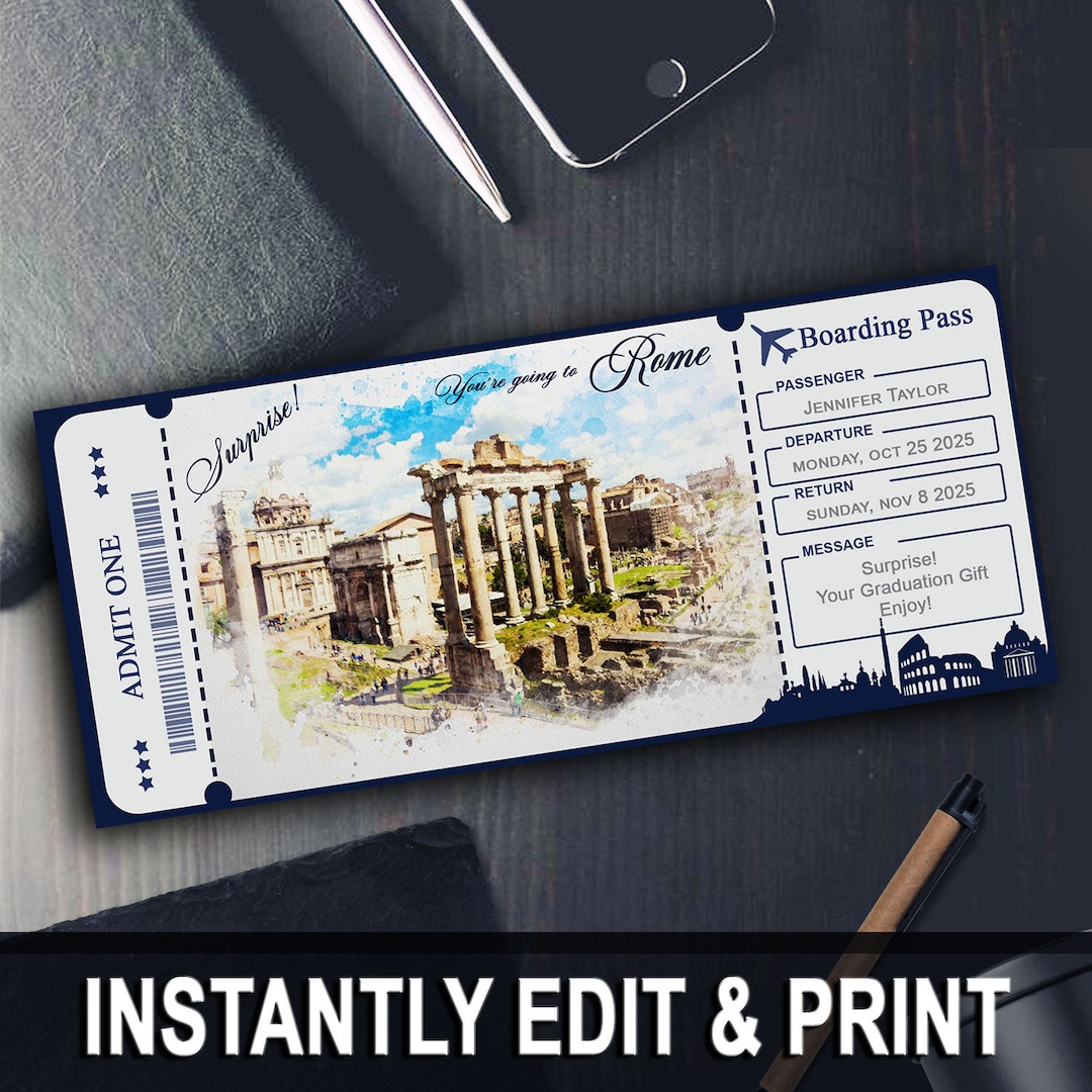 Rome Surprise Trip Reveal Tickets, Printable Surprise Rome Ticket ...