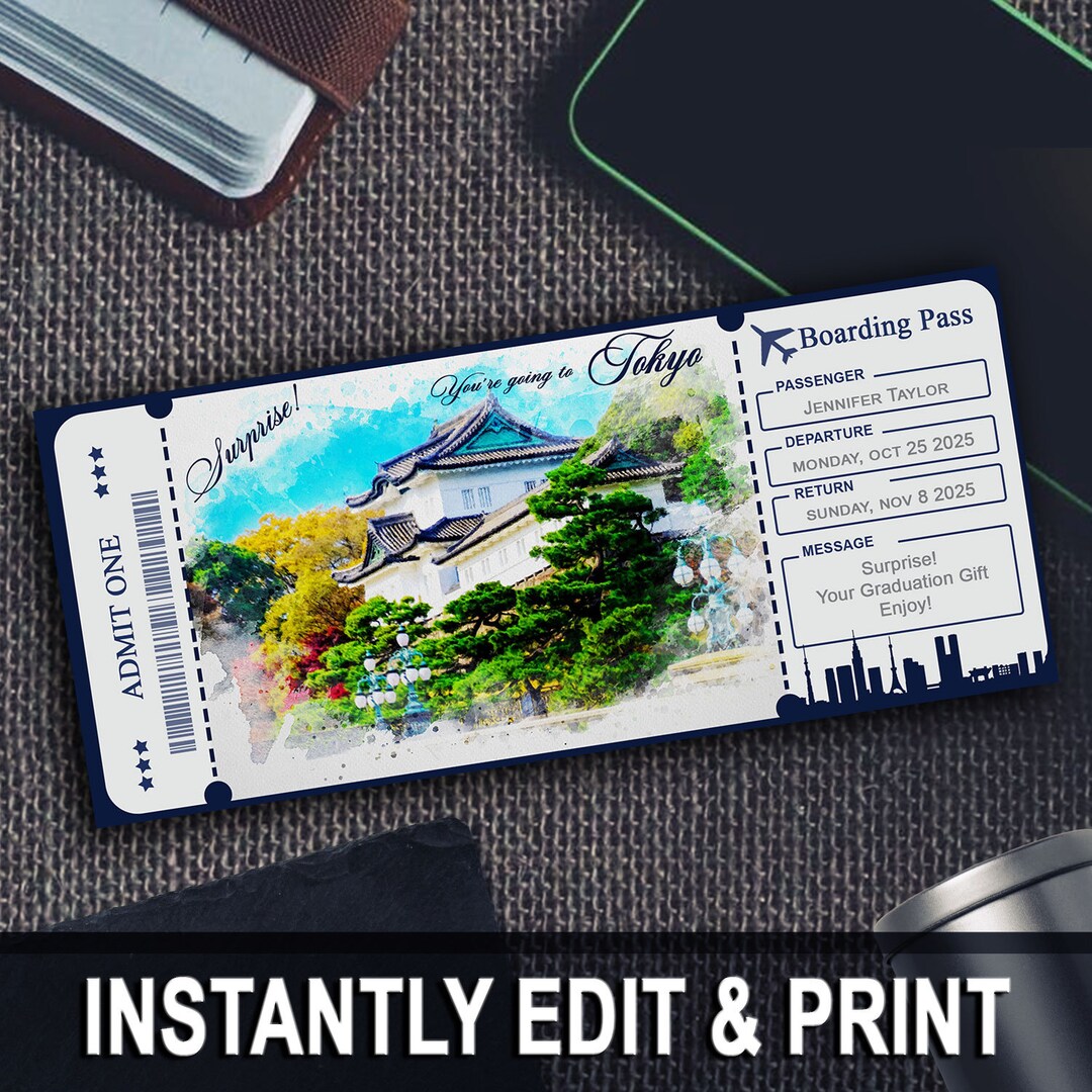 Editable Tokyo Boarding Pass Template, Printable Watercolor Custom ...