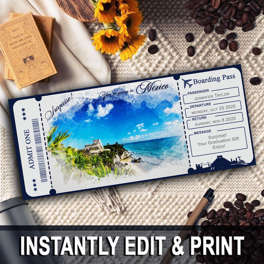 Printable Boarding Pass Ticket Mexico, Surprise Mexico Trip Ticket ...