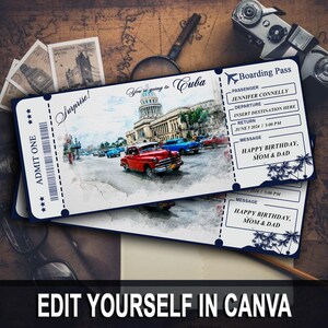 Printable Boarding Pass Ticket Havana Cuba, Surprise Havana Trip Ticket ...