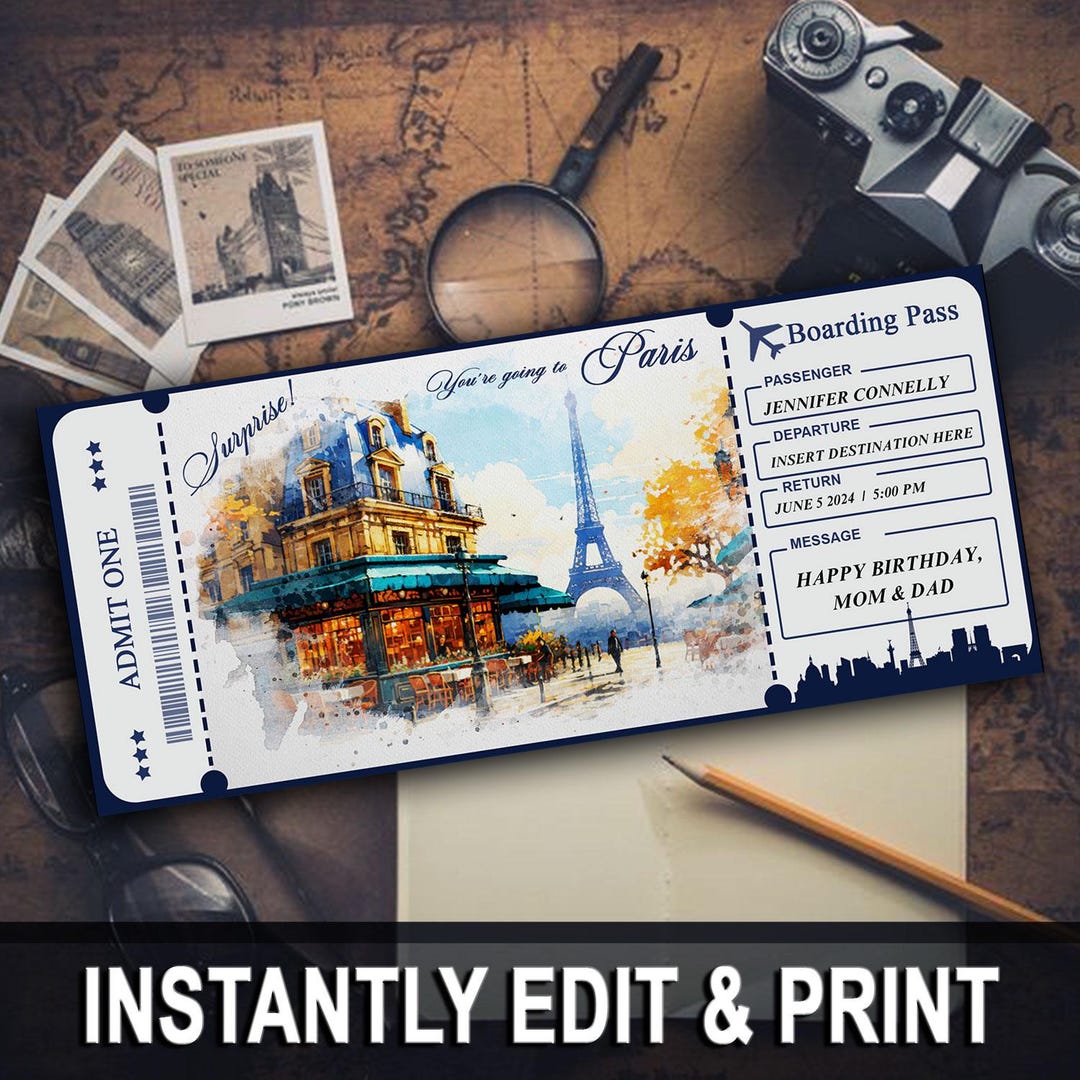 Paris Surprise Trip Reveal Tickets, Printable Surprise Paris Ticket ...