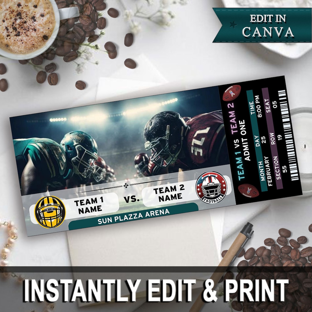 Custom Football Game Ticket: Editable Canva Template (digital Download ...
