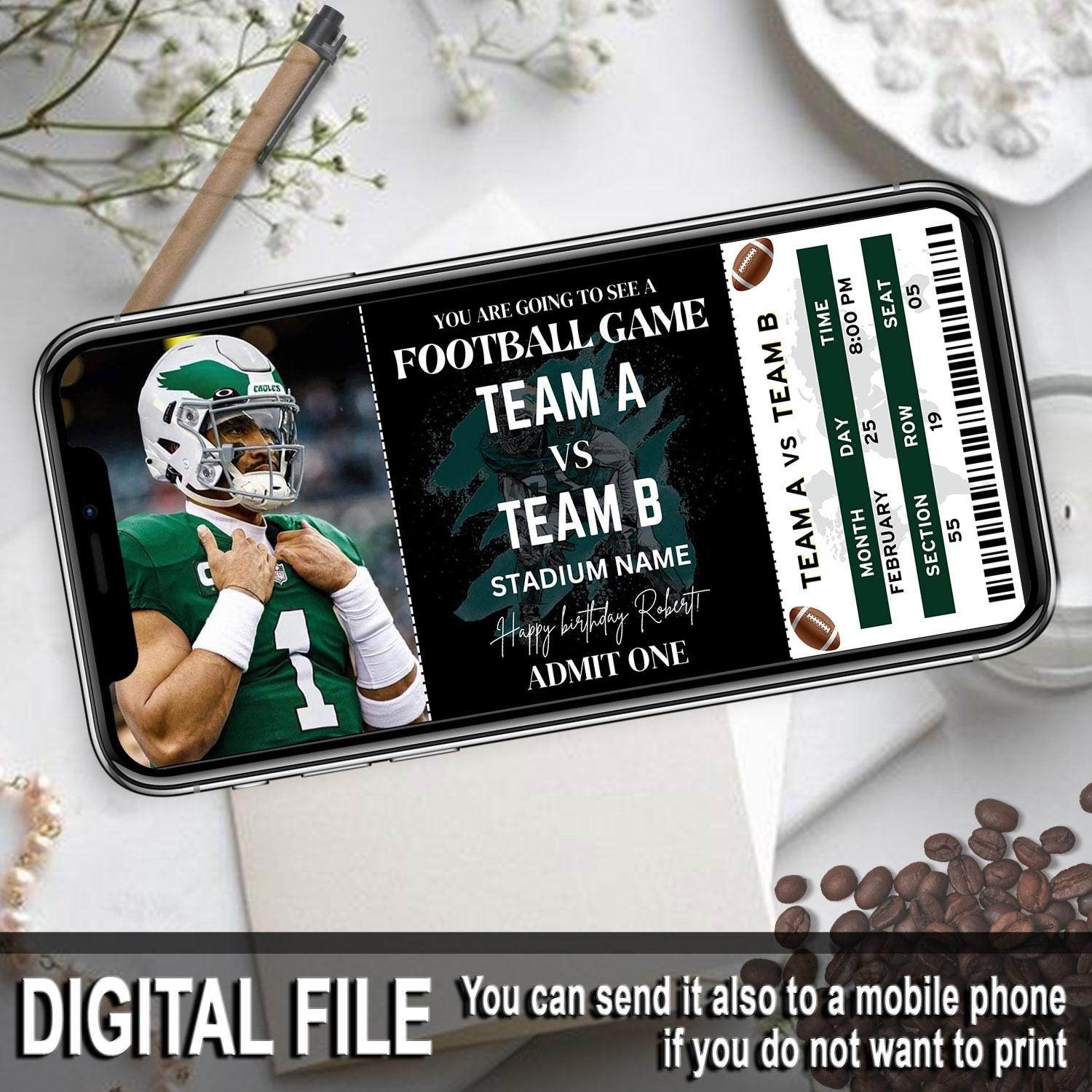 Custom Football Game Ticket: Printable, Editable Canva Template ...