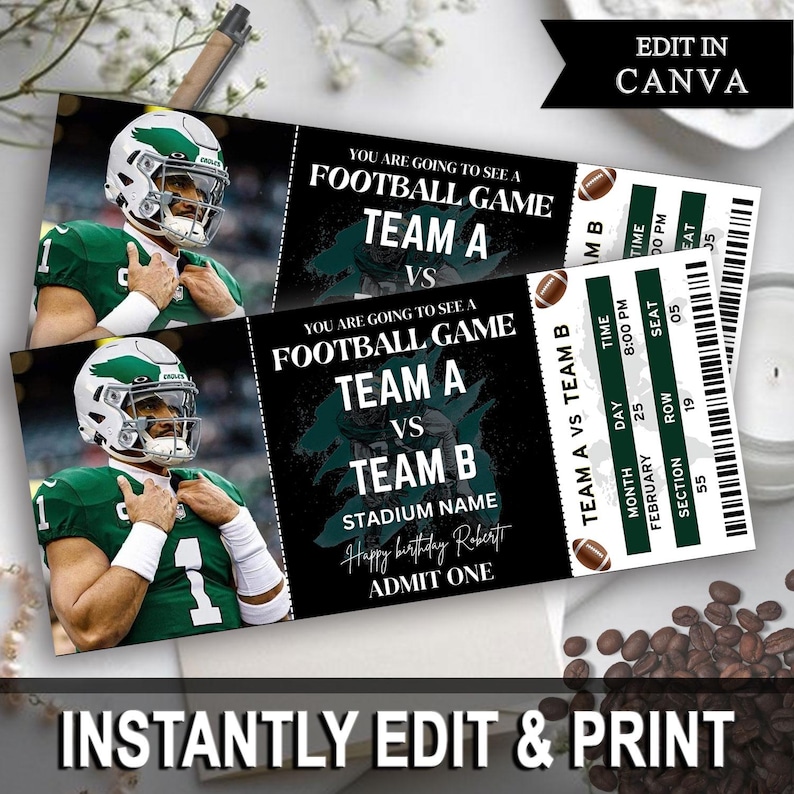 Custom Football Game Ticket: Printable, Editable Canva Template ...