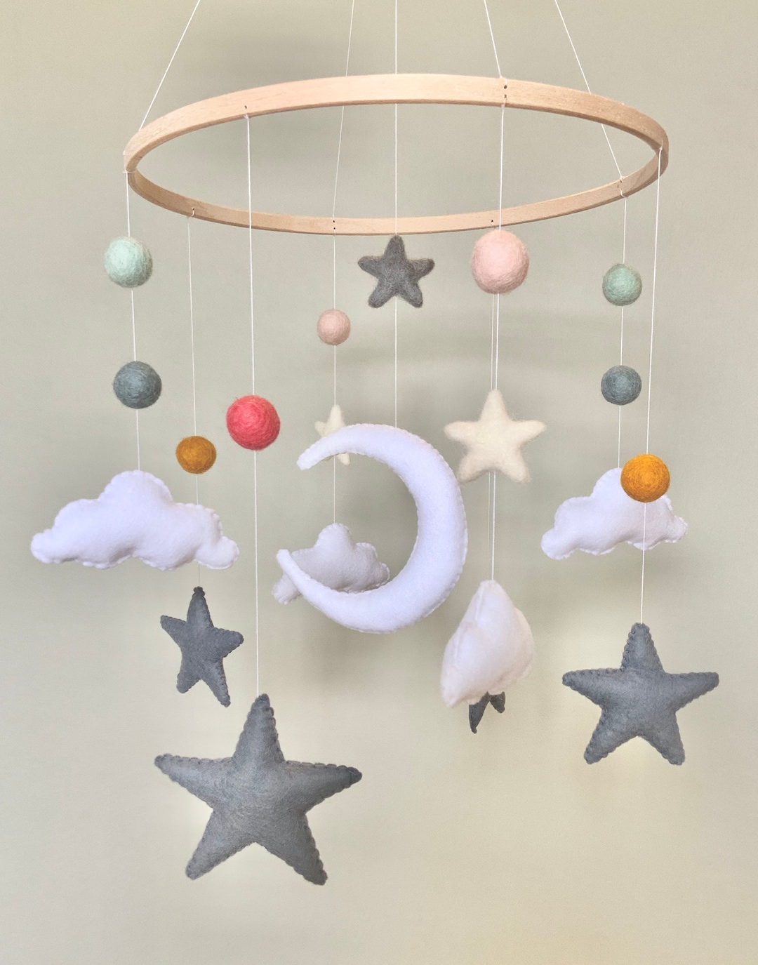 Moon and Stars Personalised Baby Mobile, Neutral Tones, Nursery Mobile ...
