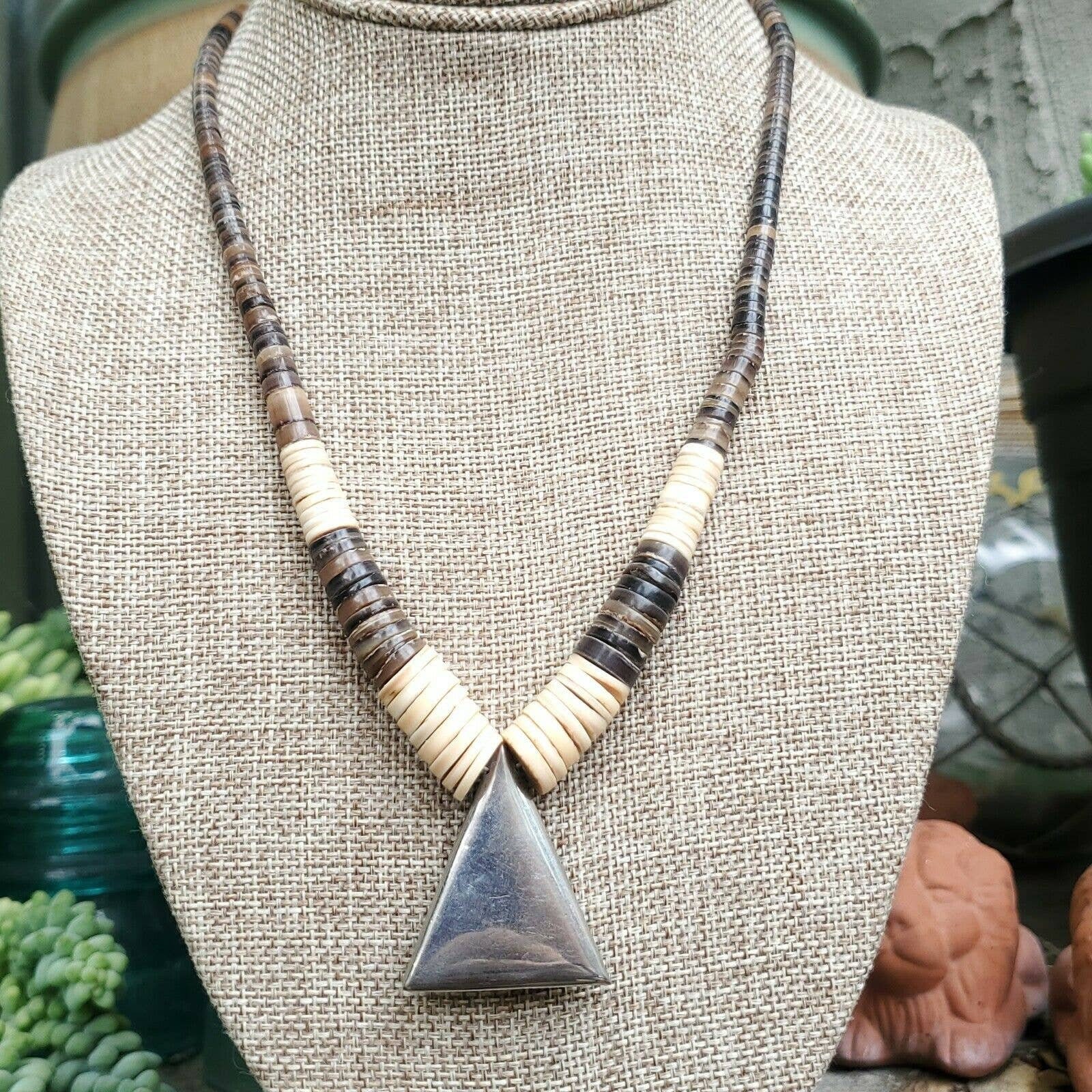 Vtg Heishi Bead Necklace Graduated Shell Jet Pipestone Abalone Silver ...