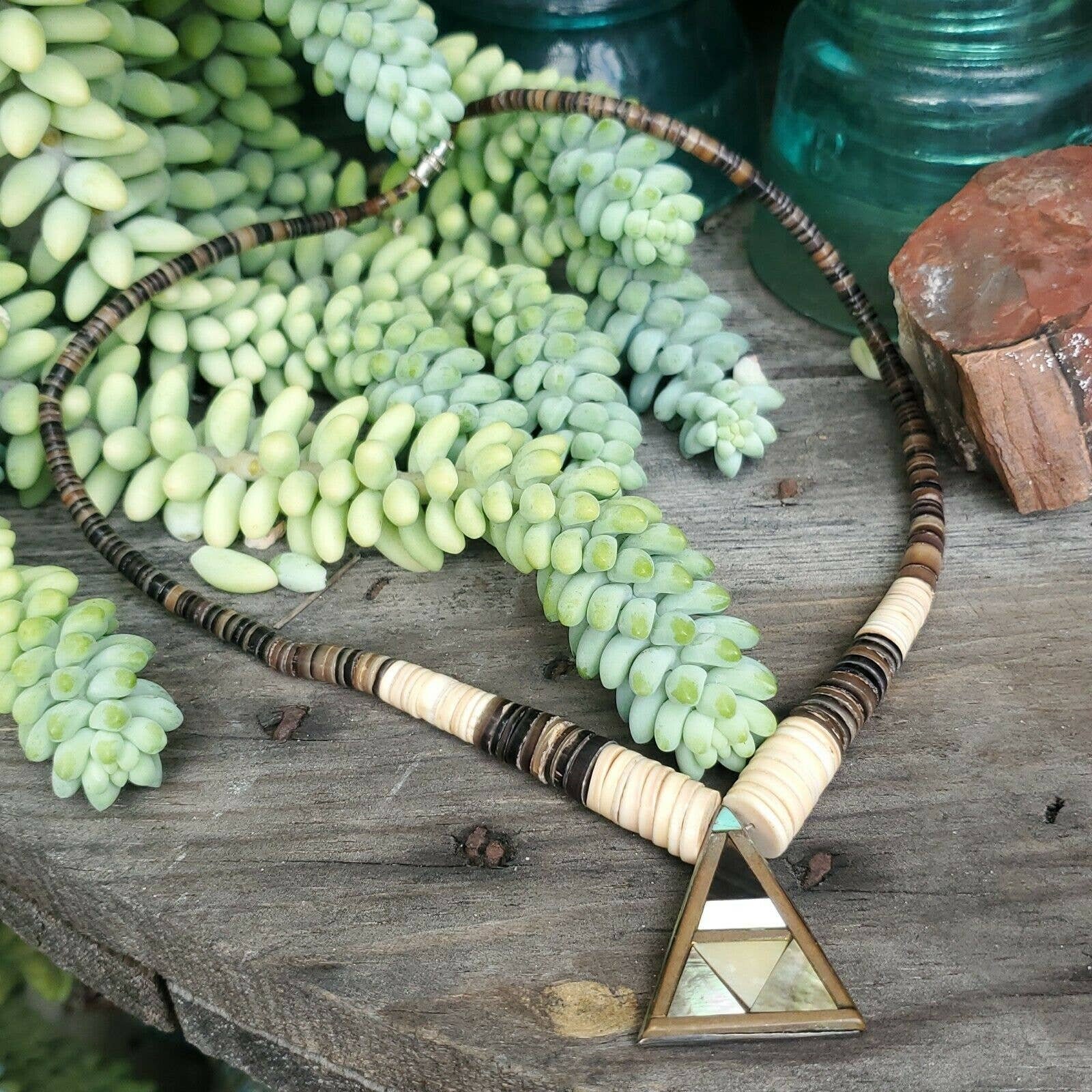 Vtg Heishi Bead Necklace Graduated Shell Jet Pipestone Abalone Silver ...