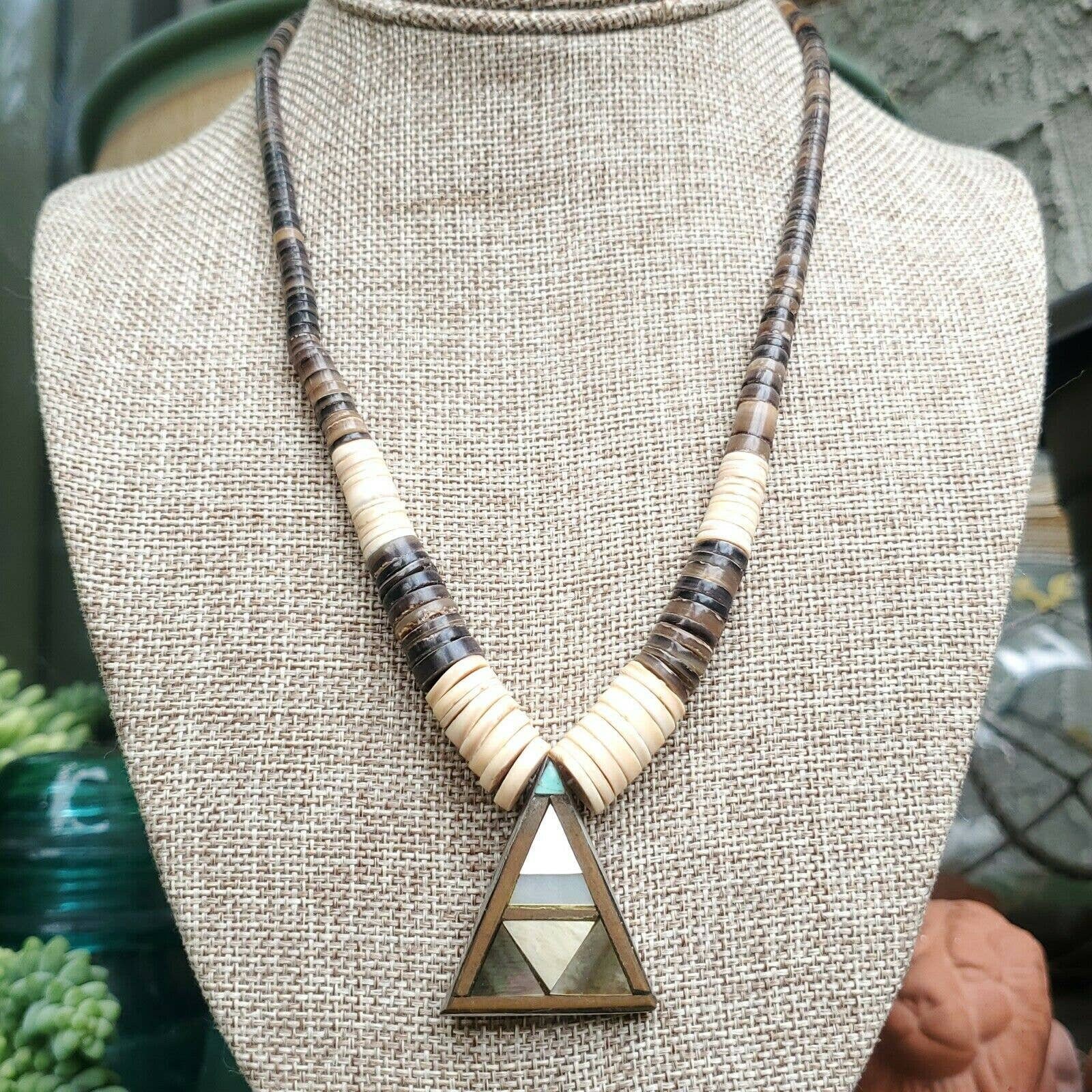 Vtg Heishi Bead Necklace Graduated Shell Jet Pipestone Abalone Silver ...