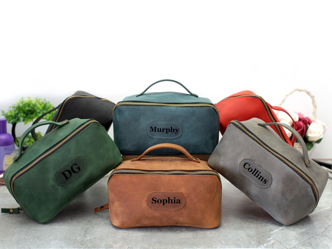 Women's Leather Dopp Kit Opens Flat to Easy Access, Personalized Makeup ...