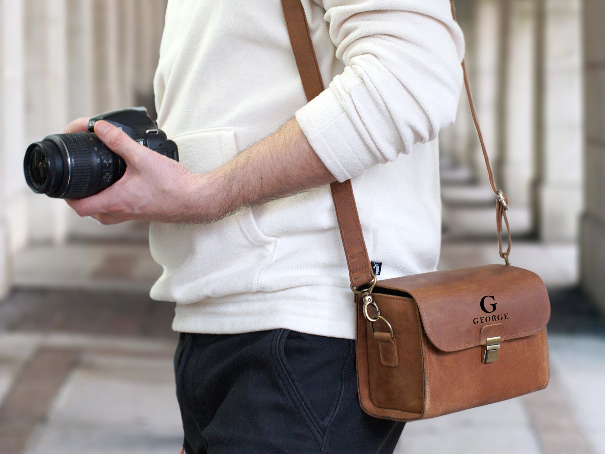 Personalized Leather Camera Shoulder Bag With Adjustable Strap, Custom ...