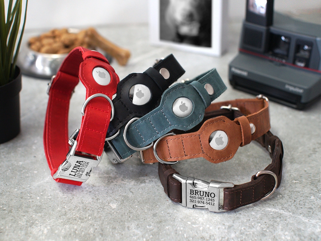 AirTag Dog Collar Personalized, Engraved Leather AirTag Dog Collar ...
