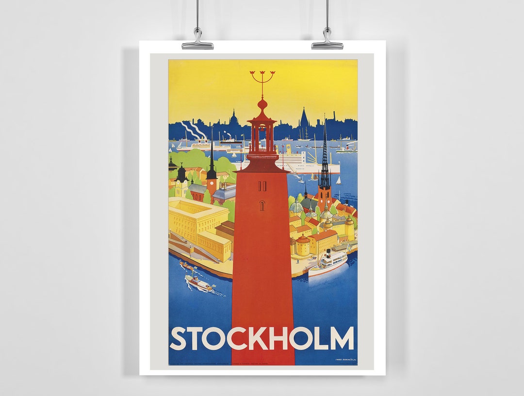 Stockholm Port of Stockholm and City Hall Sweden Vintage Travel Poster ...